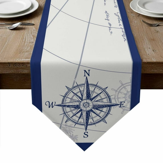 Blue Compass Nautical Table Runner Linen Burlap Table Runner 90 Inches ...