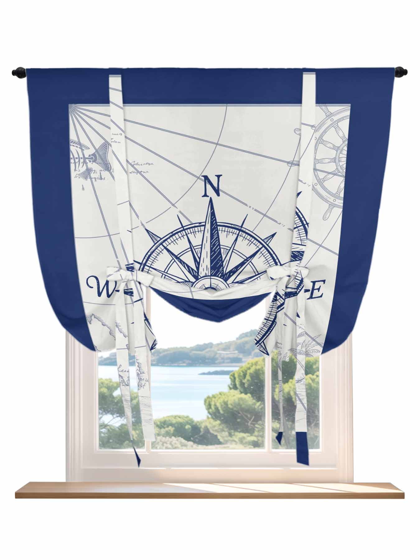 Blue Compass Nautical Tie Up Curtains for Windows 45 Inch Length ...