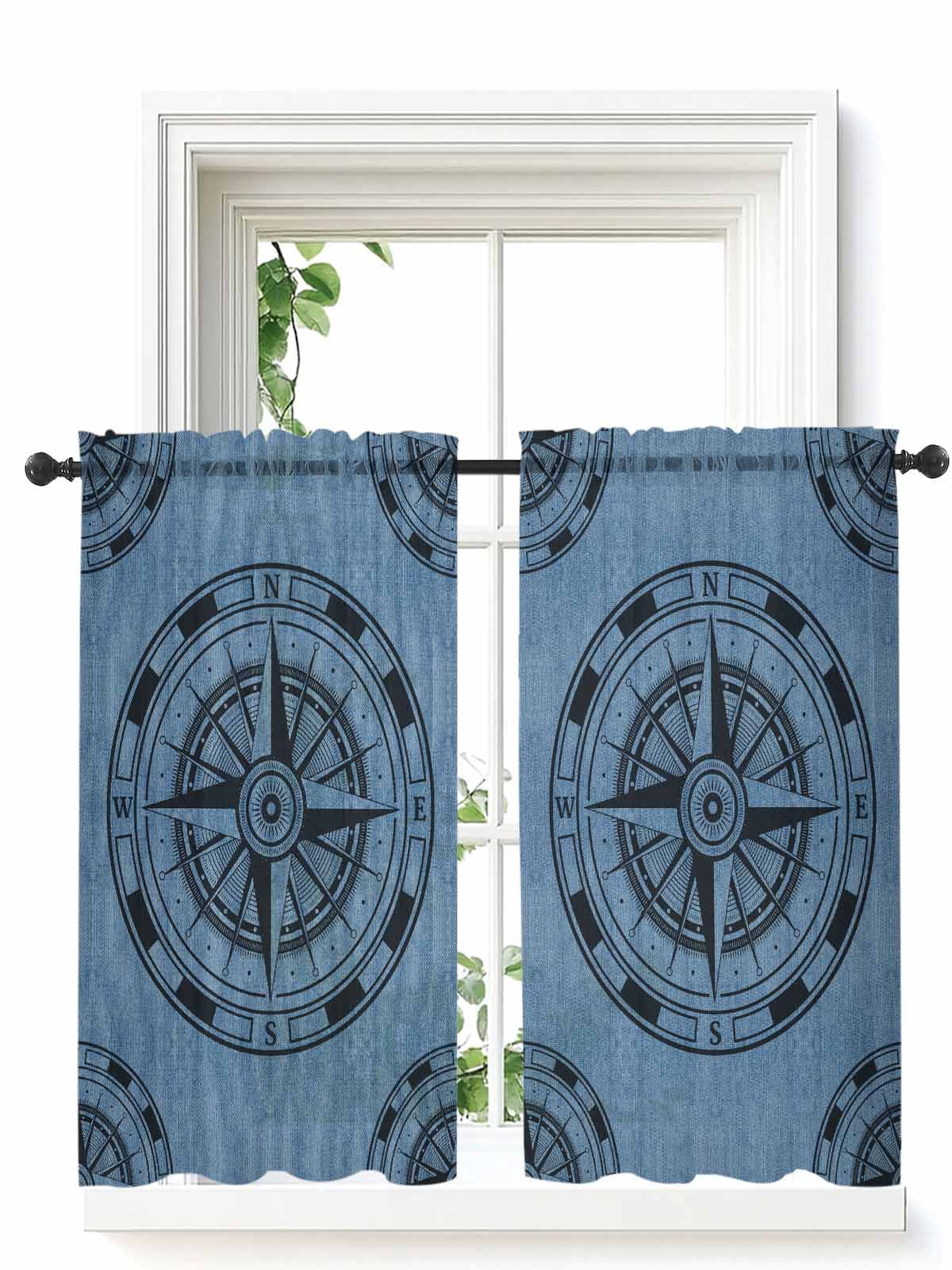 Blue Compass Nautical Tier Curtains 45 Inch Length, Sheer Curtains for ...