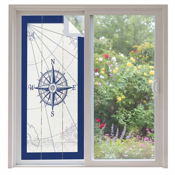 Blue Compass Nautical Window Privacy Film, Coastal Abstract Art Retro ...