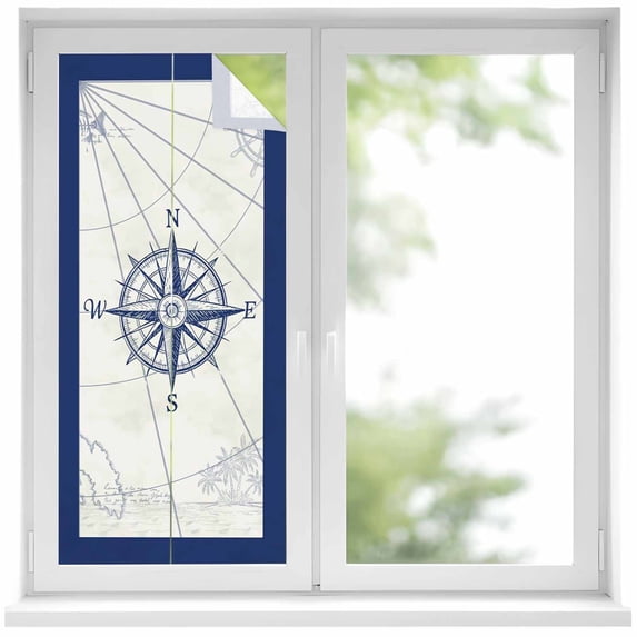Blue Compass Nautical Window Privacy Film, Coastal Abstract Art Retro ...