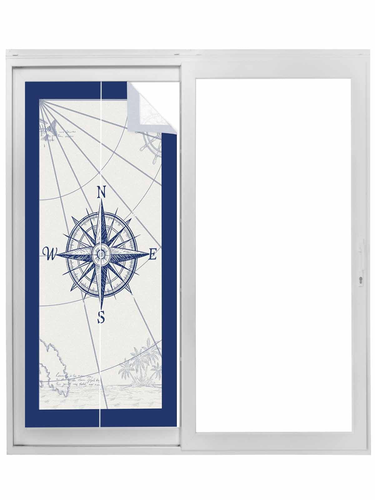 Blue Compass Nautical Window Privacy Film, Coastal Abstract Art Retro ...