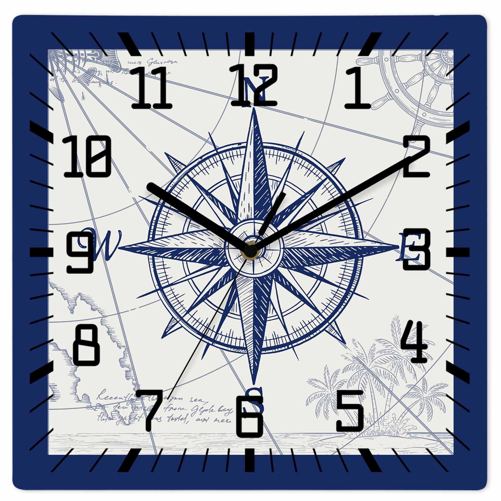 Blue Compass Nautical Wooden Wall Clock Silent Non Ticking, Coastal ...