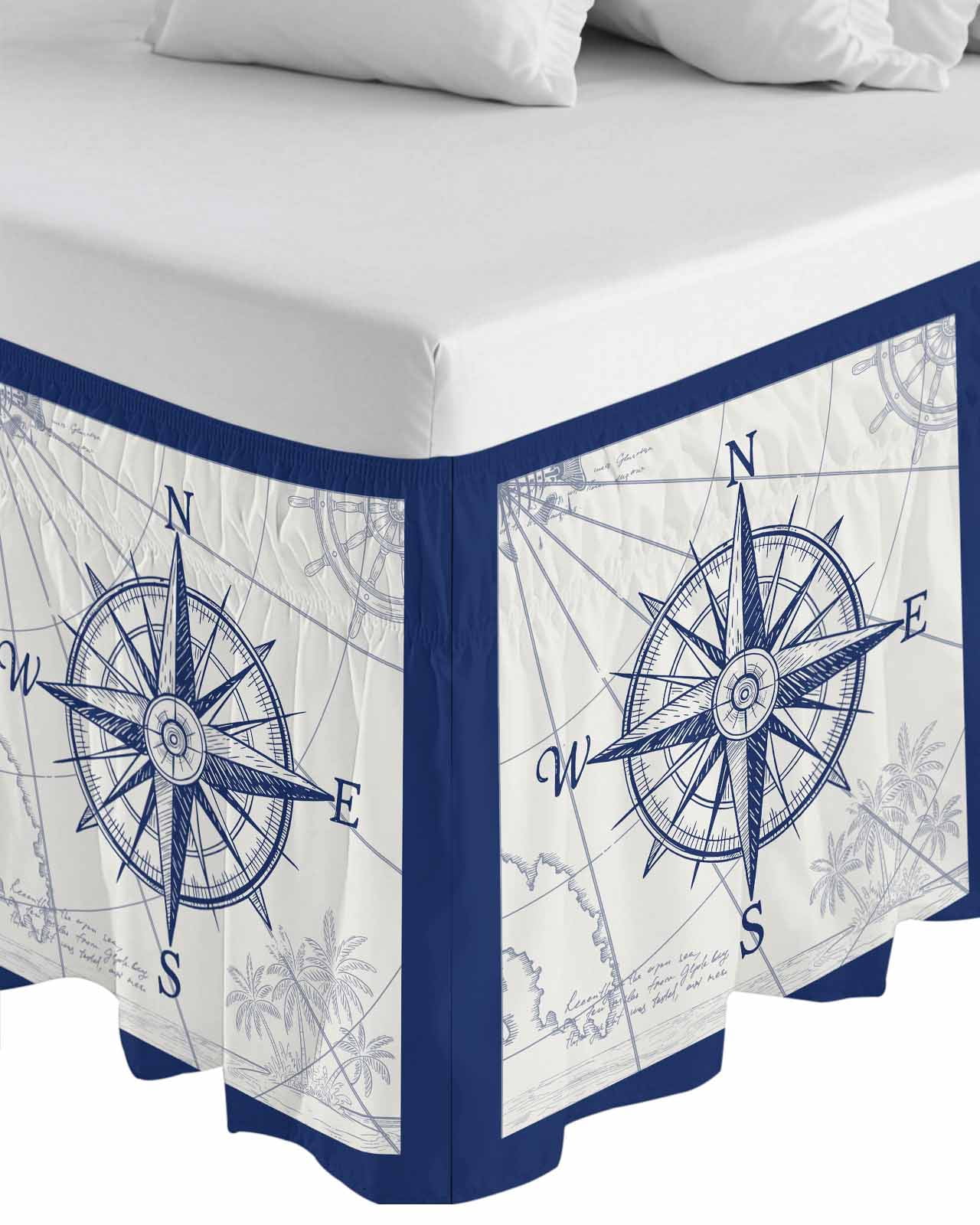 Blue Compass Nautical Wrap Around Bed Skirts for Queen Bed 18" Drop ...