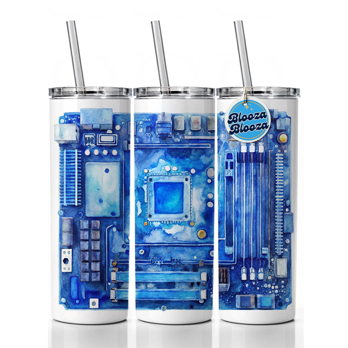 Blue Computer Motherboard Watercolor 20oz Insulated Water Bottle Skinny ...