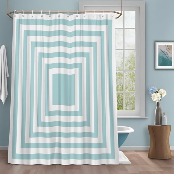 Blue Concentric Squares Shower Curtain Set with Hooks, Modern Abstract ...