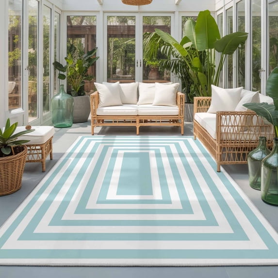 Blue Concentric Squares Washable Living Room Rugs 5'x7', Modern ...
