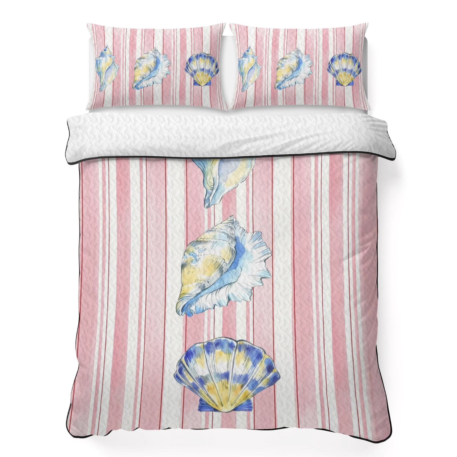 Blue Conch 3 Piece Quilt Bedding Set with 2 Pillow Shams, Summer ...