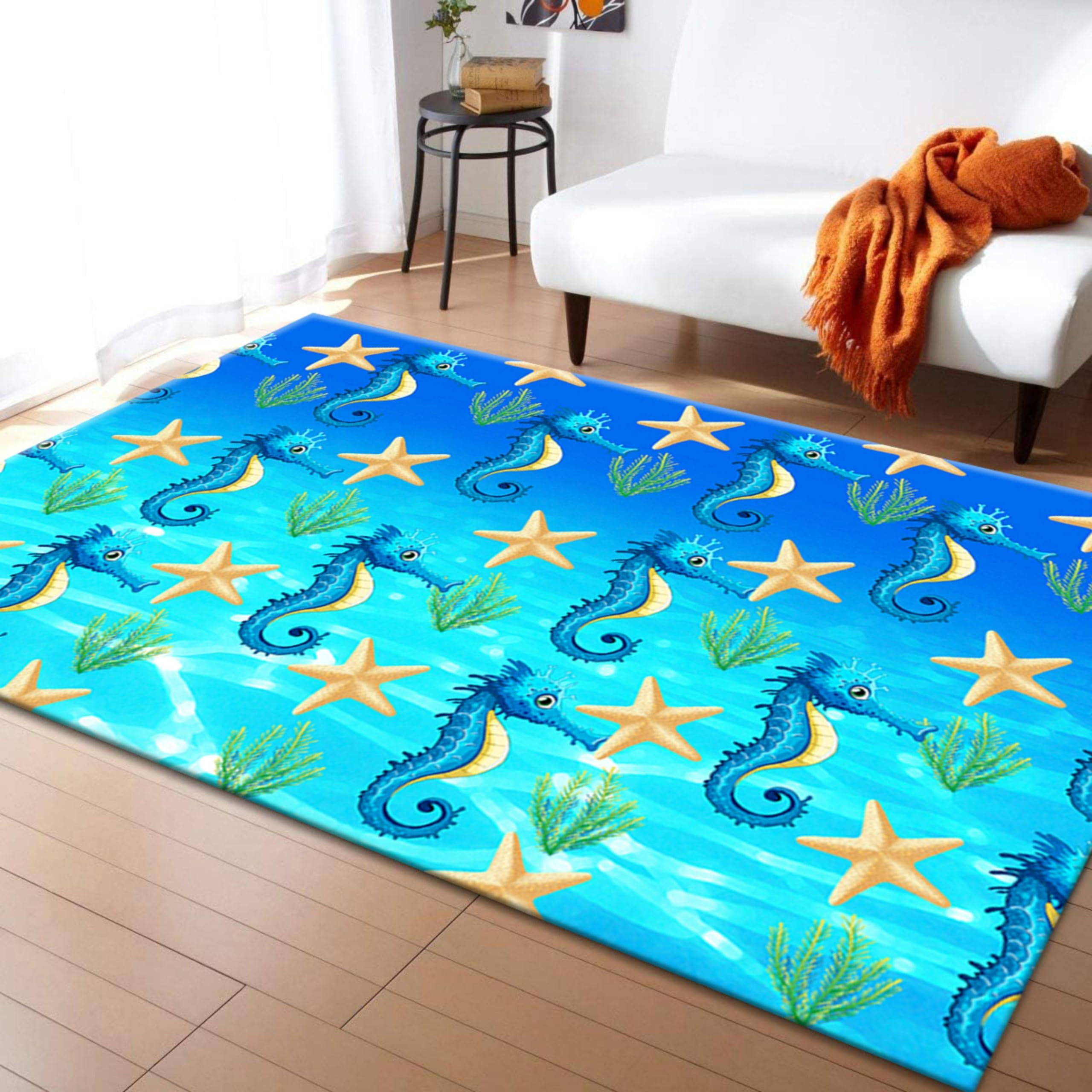 Blue Conch Area Rug,Cute Cartoon Sea Animal Pattern Carpet With ...