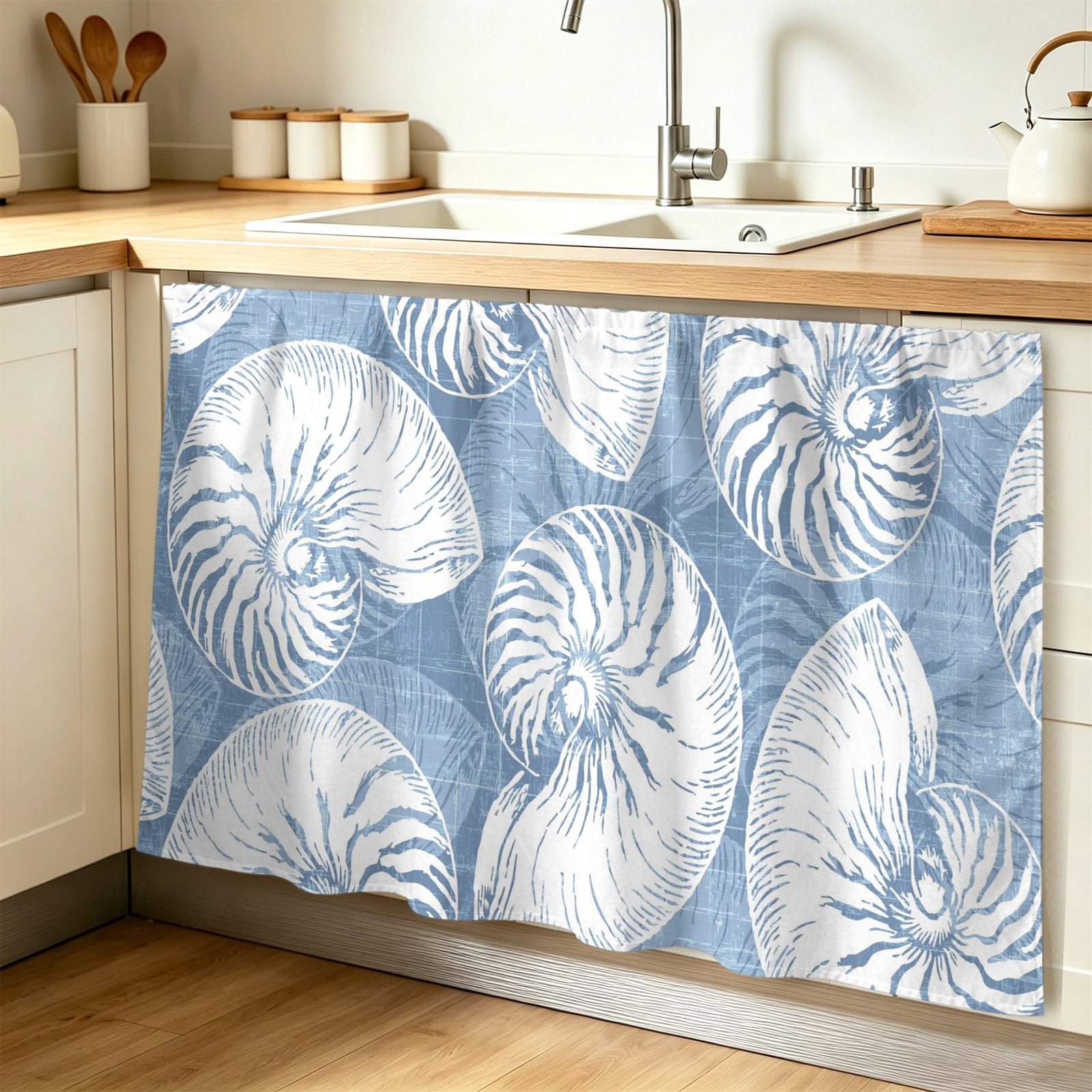 Blue Conch Cabinet Curtain, Coastal Ocean Beach Summer Nautical Modern ...