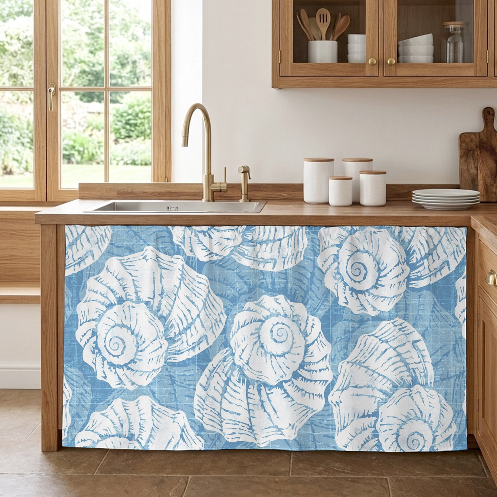 Blue Conch Cabinet Curtains for Kitchen 28"W x 51"L, Coastal Summer ...