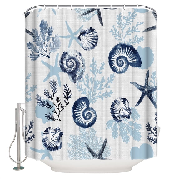 Blue Conch Coastal Bathroom Shower Curtains with 12 Hooks Polyester ...