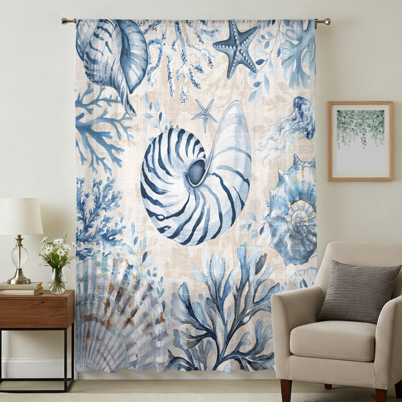 Blue Conch Coastal Sheer Curtains 84" Long for Living Room, Summer ...