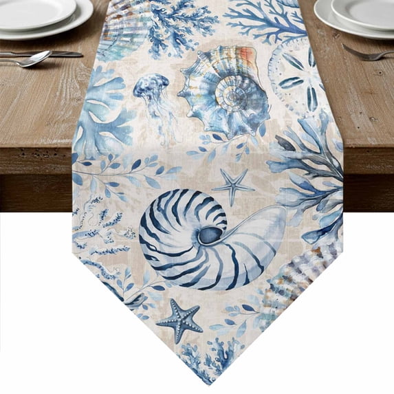 Blue Conch Coastal Table Runner Linen Burlap Table Runner 72 Inches ...
