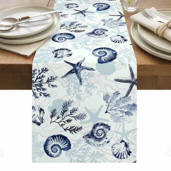 Blue Conch Coastal Table Runner Nautical Summer Starfish Coral Shell ...