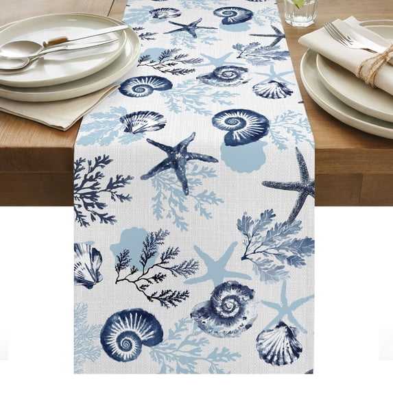 Blue Conch Coastal Table Runner Nautical Summer Starfish Coral ...