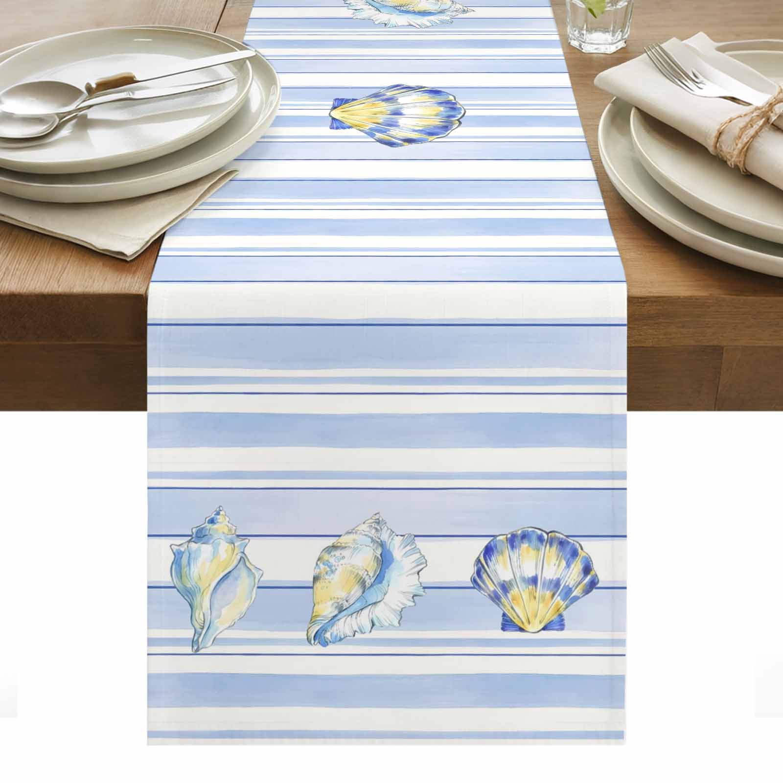 Blue Conch Cotton Linen Table Runner Summer Watercolors Seashells Blue ...