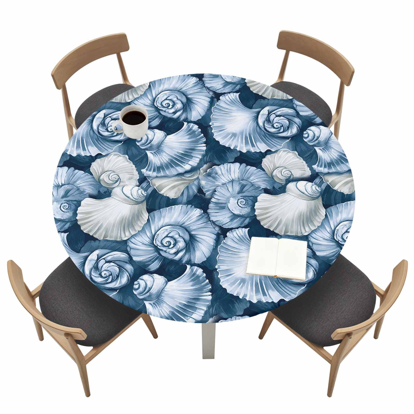 Blue Conch Floral Round Fitted Tablecloth with Elastic Edge Abstract ...
