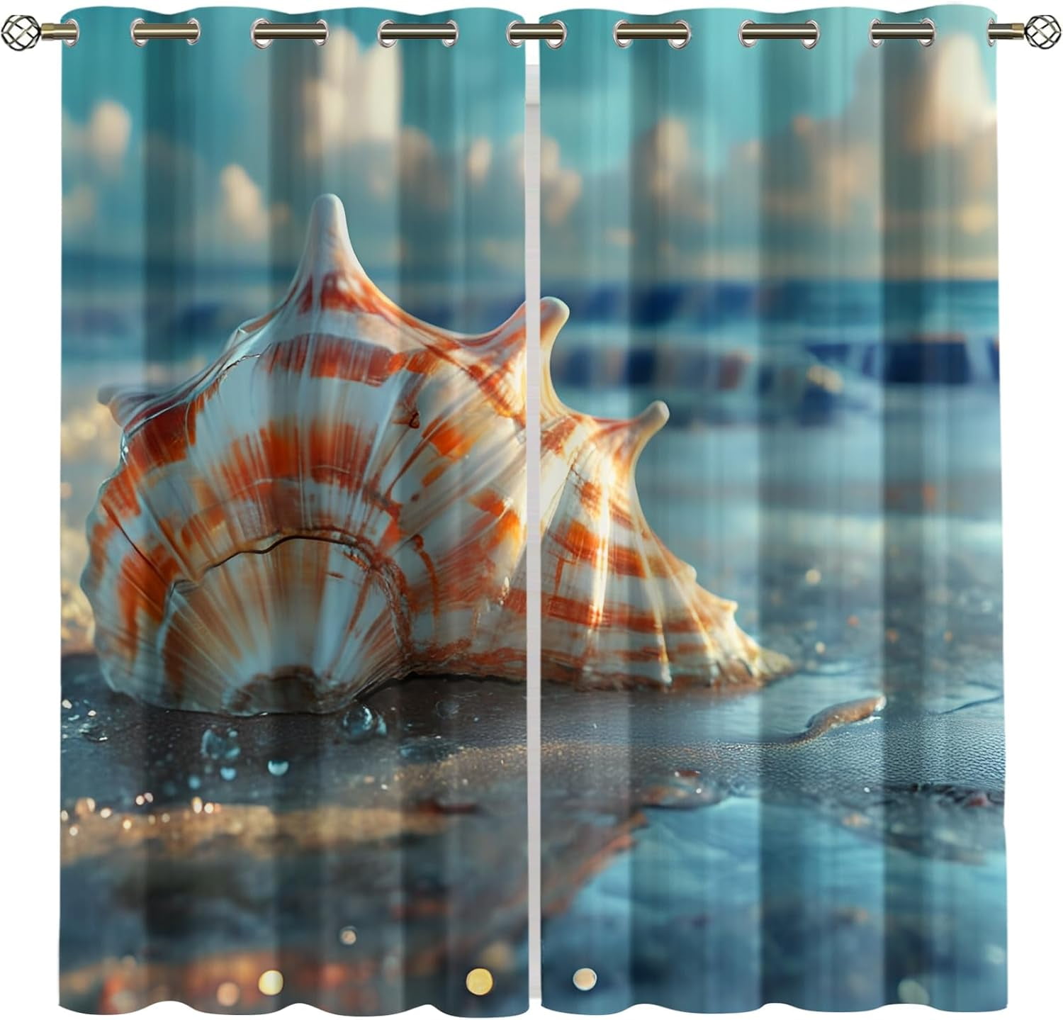 Blue Conch Seashell 3D Window Curtains For Kids, Ocean Beach Theme ...