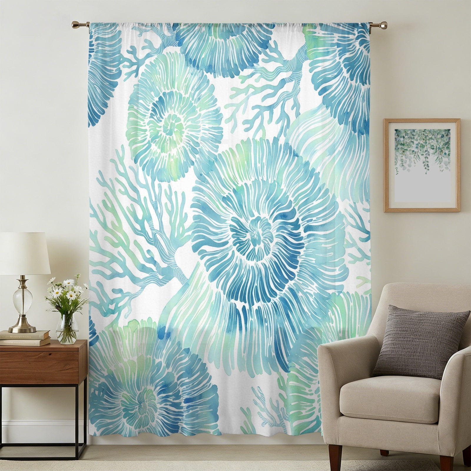 Blue Conch Sheer Curtains 108 Inches Extra Long for Living Room ...