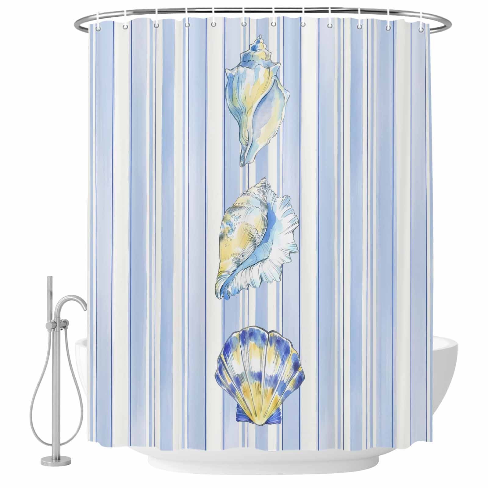 Blue Conch Shower Curtain Set with Hooks, Summer Watercolors Seashells ...