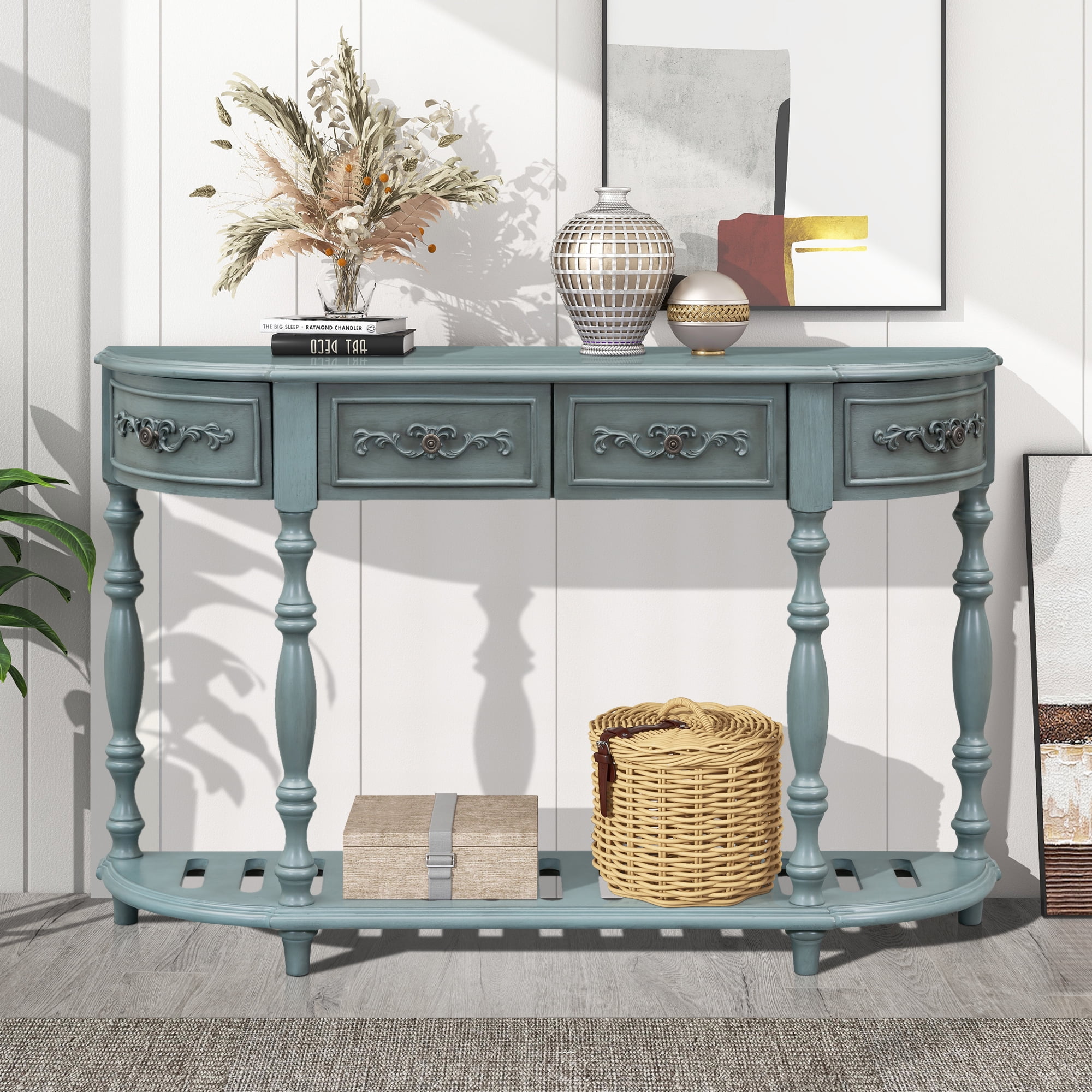 Blue Console Table with 4 Drawers, Atumon Sofa Side Table, Vintage ...