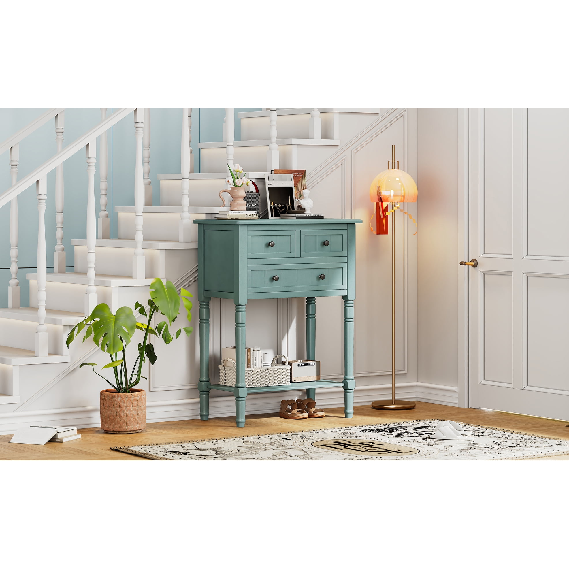 Blue Console Table - Drawers And Bottom Shelf For Stylish Living Room ...