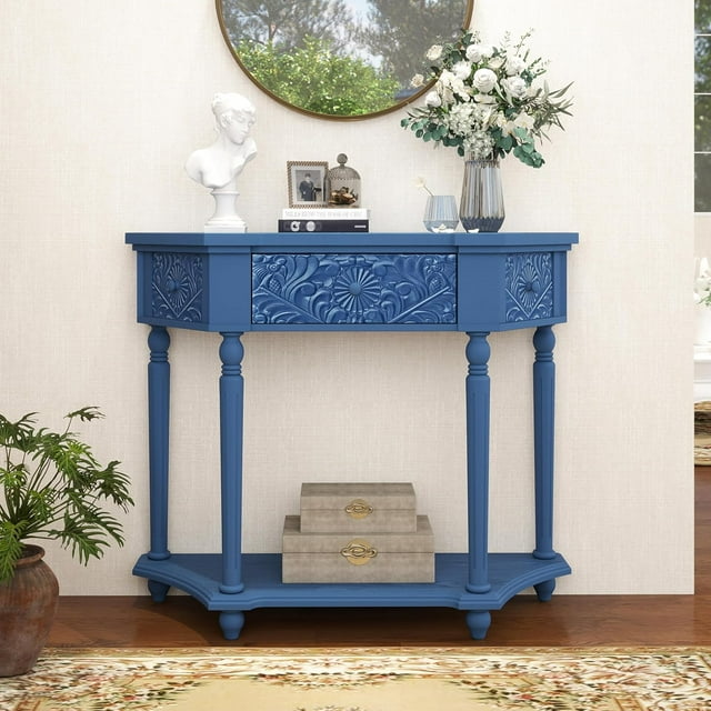 Blue Console Table with Drawer, Narrow Entryway Table with Embossed ...
