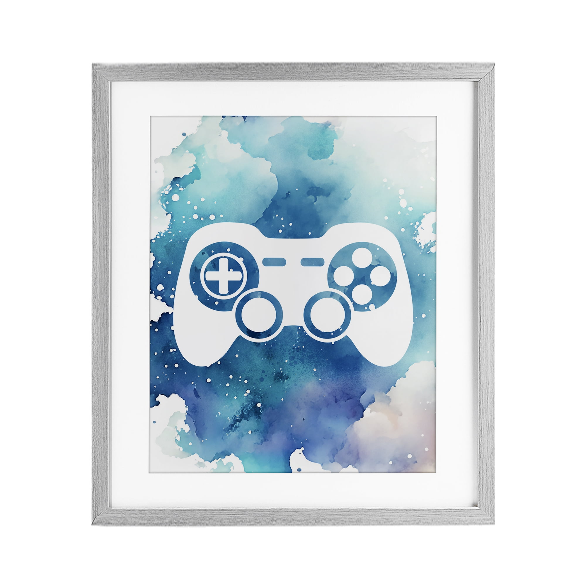 Blue Controller Splatter Gray Framed Print Under Glass, design by ...