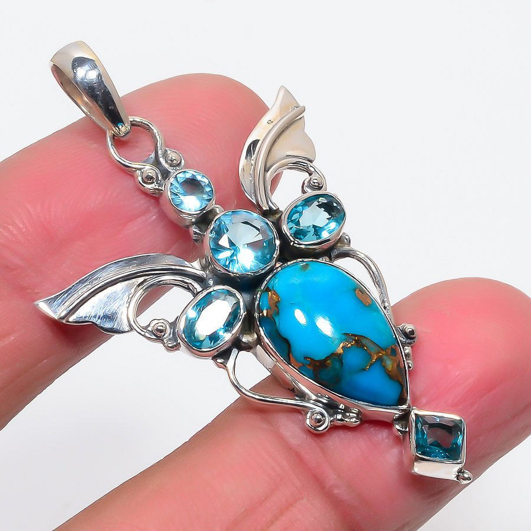 Blue Copper Turquoise & Blue Topaz 925 Sterling Silver Pendant 2.00 ...
