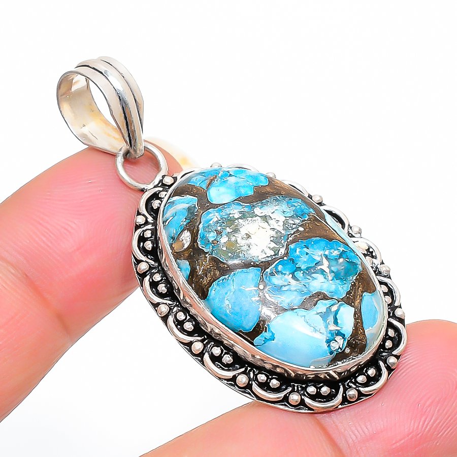 Blue Copper Turquoise Oval Shape Gemstone Pendant Handmade Jewelry 2.10 ...