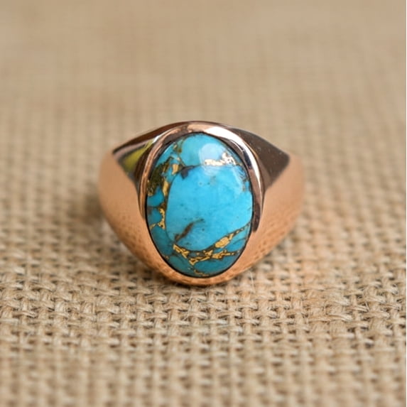 Blue Copper Turquoise Signet Ring - Solid Pure Copper Jewelry, Handmade ...
