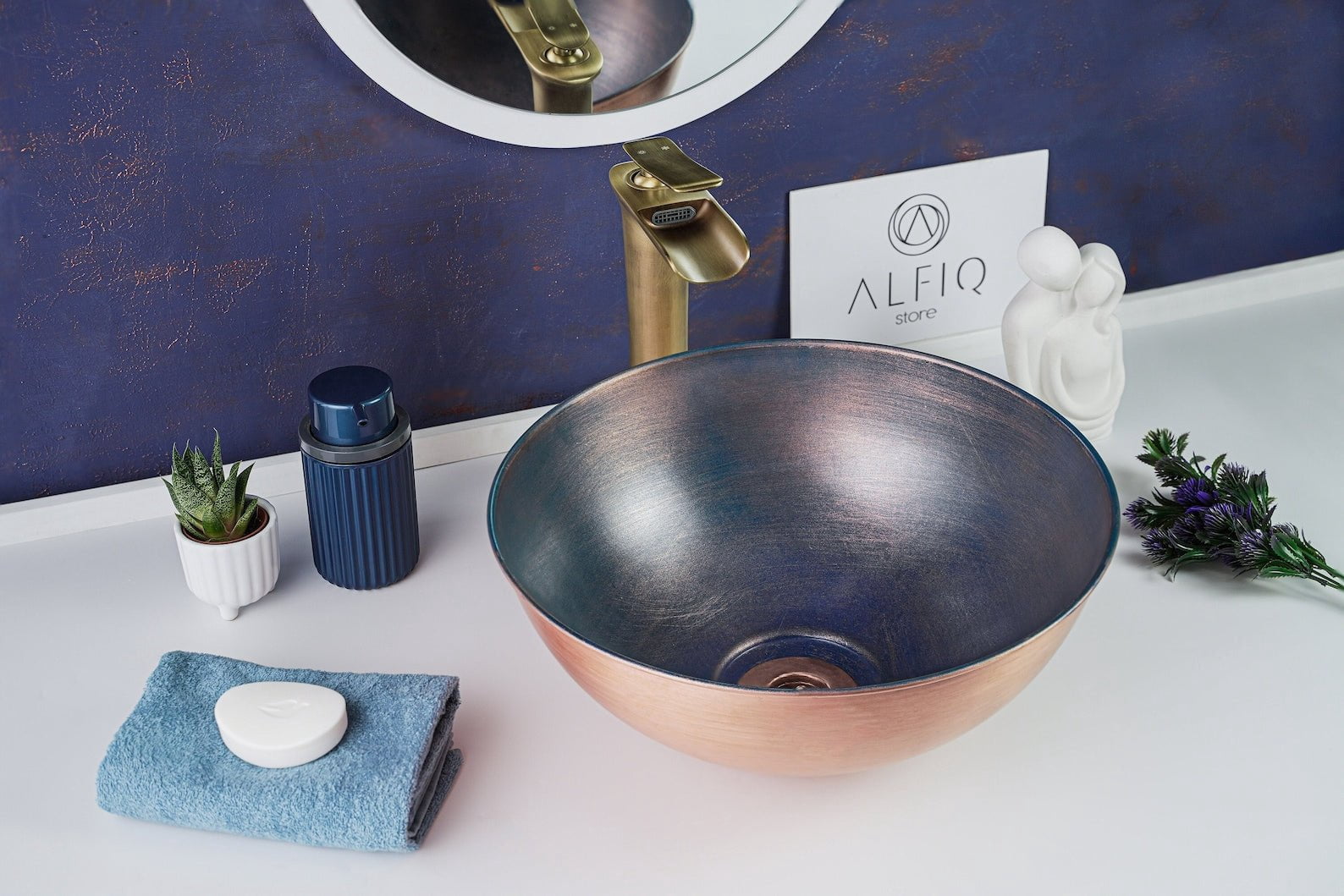 Handmade Blue Copper Bathroom Vessel Sink – Solid Copper with Drain Cap ...