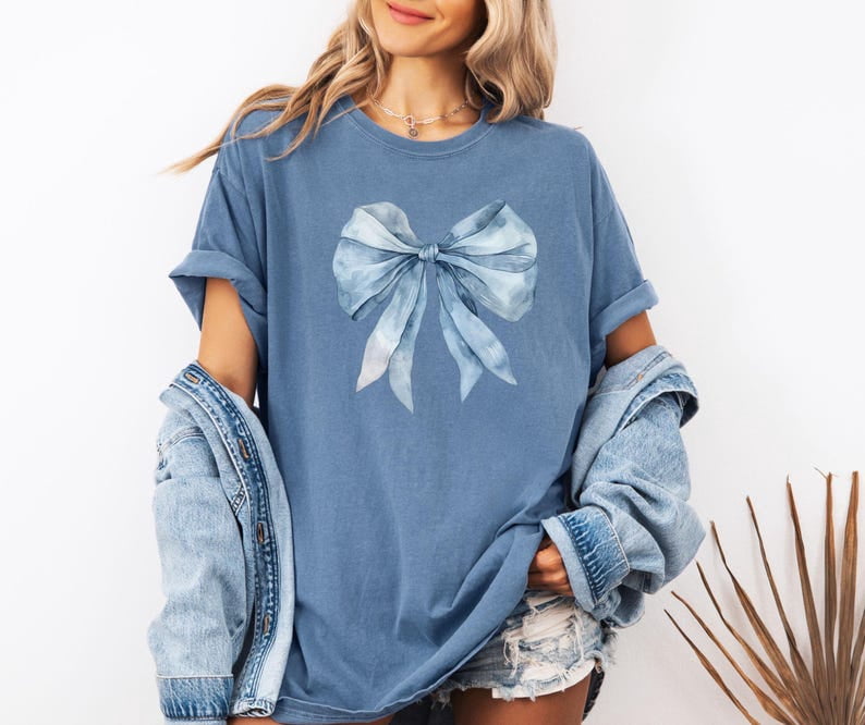 Blue Coquette Bow Graphic T-Shirt, Soft Watercolor Ribbon Aesthetic ...