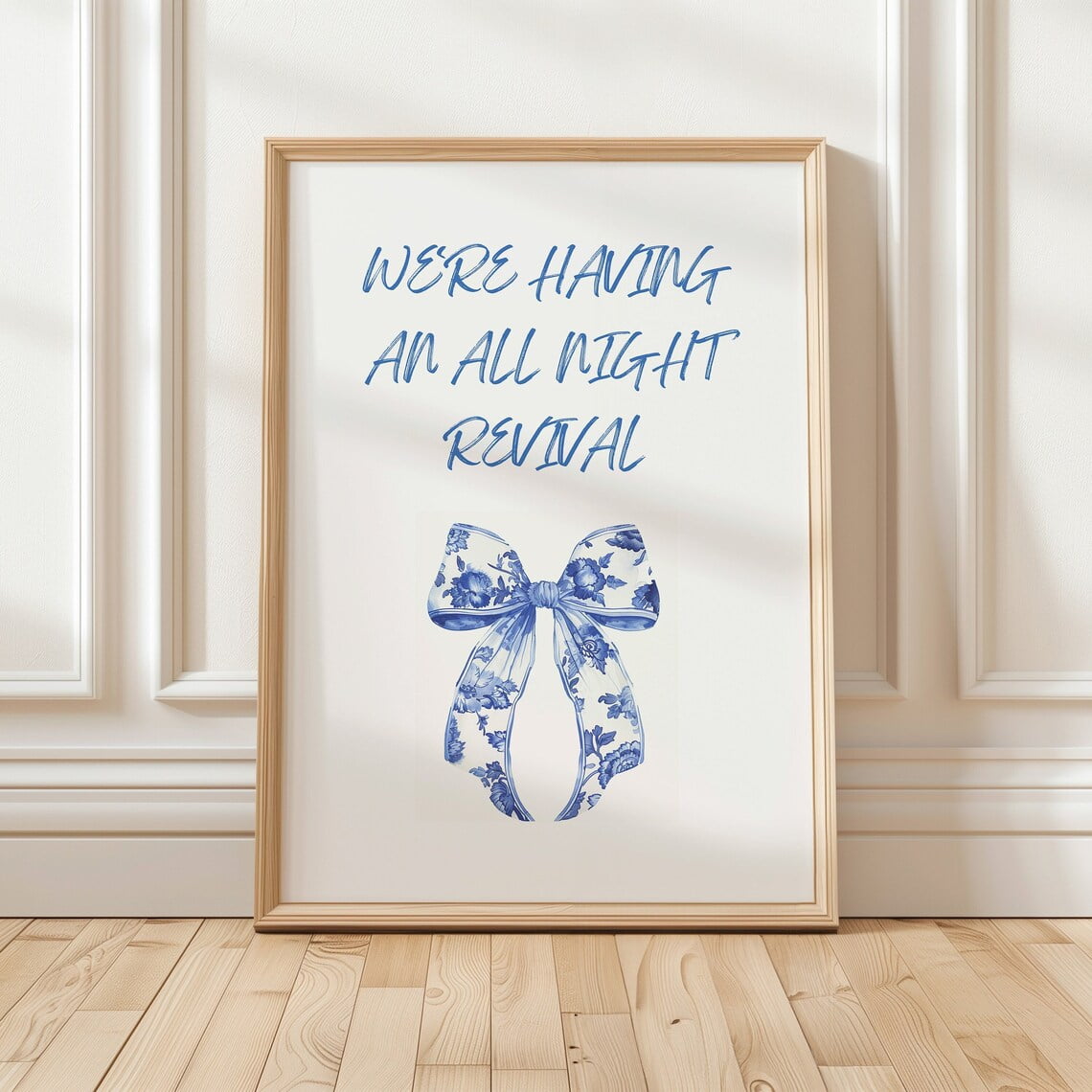 Blue Coquette Bow Prints Wall Art, All Night Revival Blue Text Poster ...
