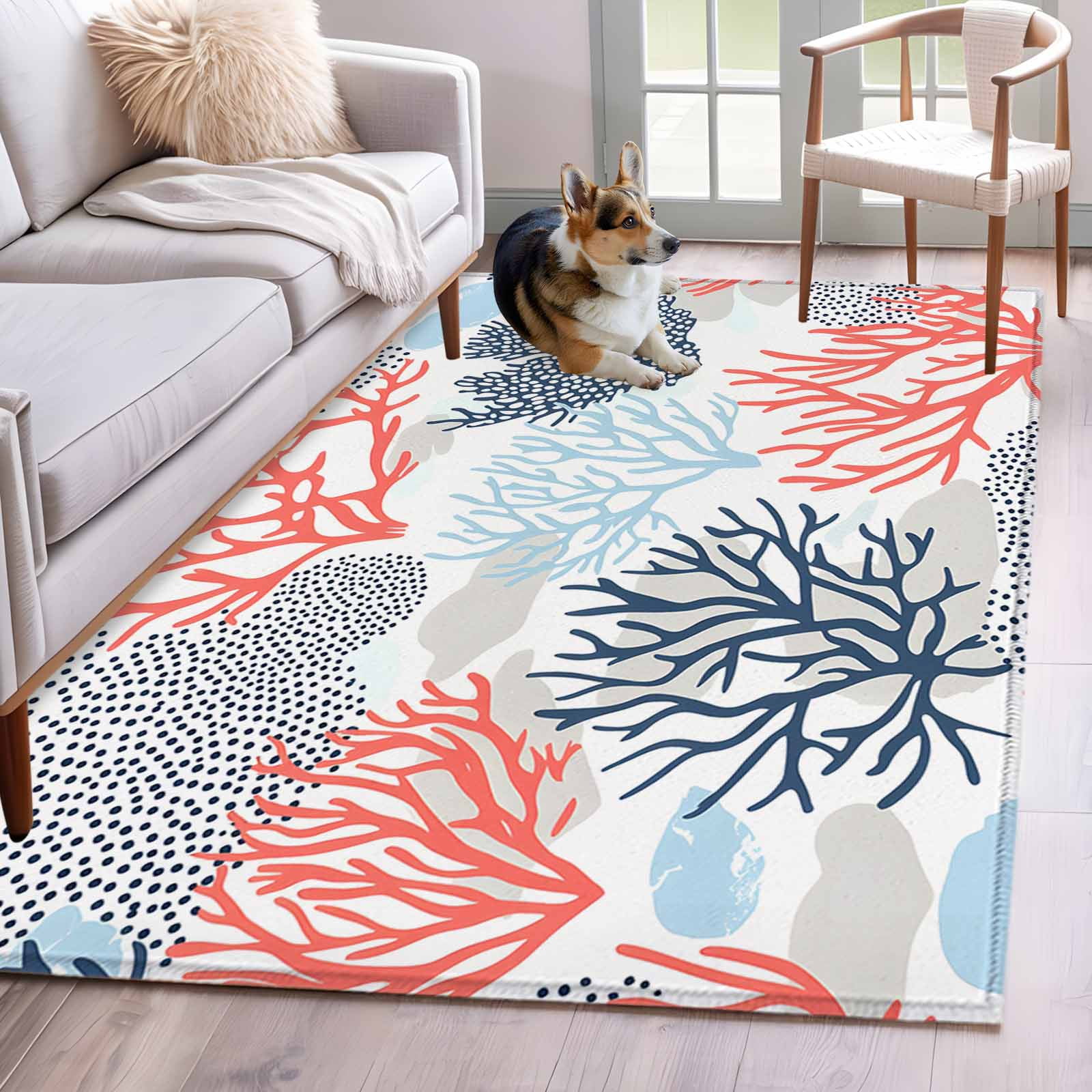 Blue Coral Area Rug 4x6 Washable Rug Non Slip Summer Watercolor Ocean ...