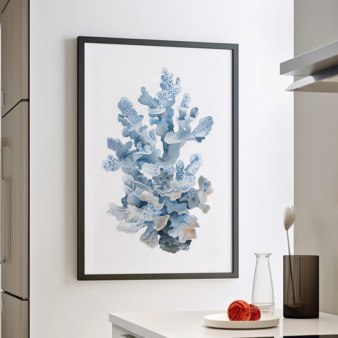 Blue Coral Botanical Wall Art Coastal Minimal Bathroom Decor, Unframed ...