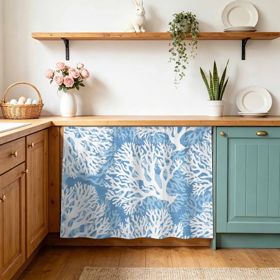 Blue Coral Cabinet Curtains 11" W x 13" L, Coastal Ocean Beach Summer ...