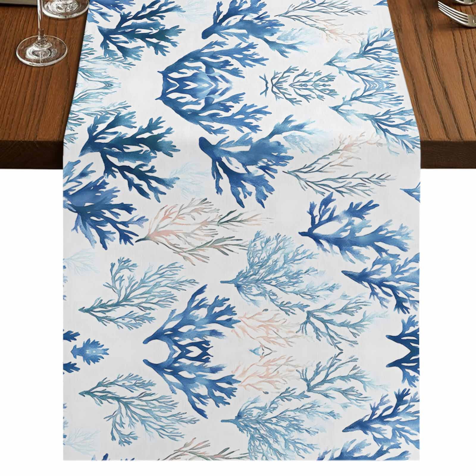 Blue Coral Coastal 48 Inch Table Runner, Summer Watercolor Ocean ...