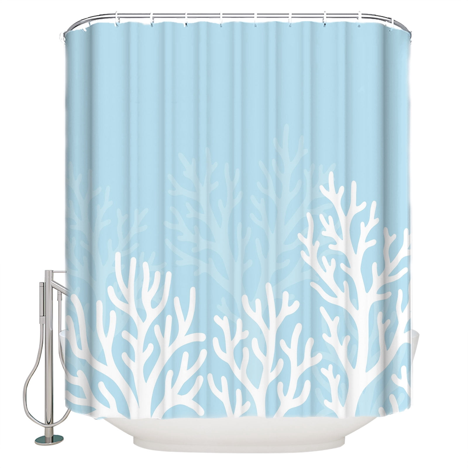 Blue Coral Coastal Bathroom Shower Curtains with 12 Hooks Polyester ...