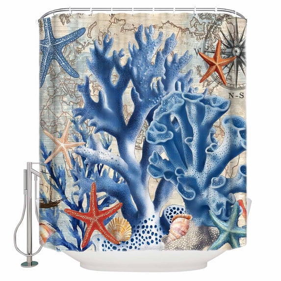 Blue Coral Coastal Bathroom Shower Curtains with 12 Hooks Polyester ...