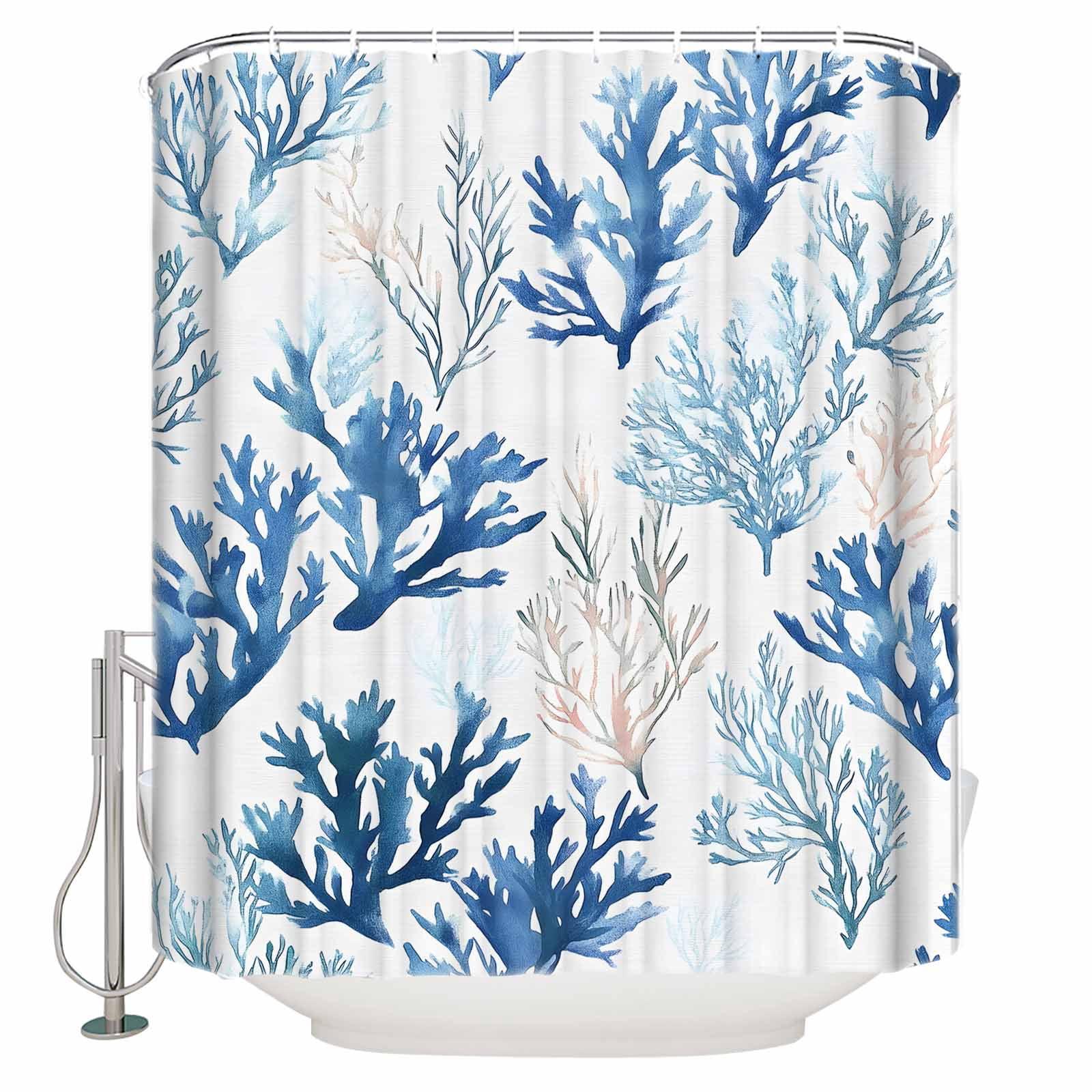 Blue Coral Coastal Bathroom Shower Curtains with 12 Hooks Polyester ...