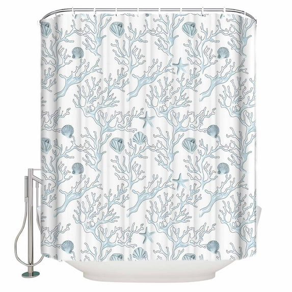 Blue Coral Coastal Bathroom Shower Curtains with 12 Hooks Polyester ...