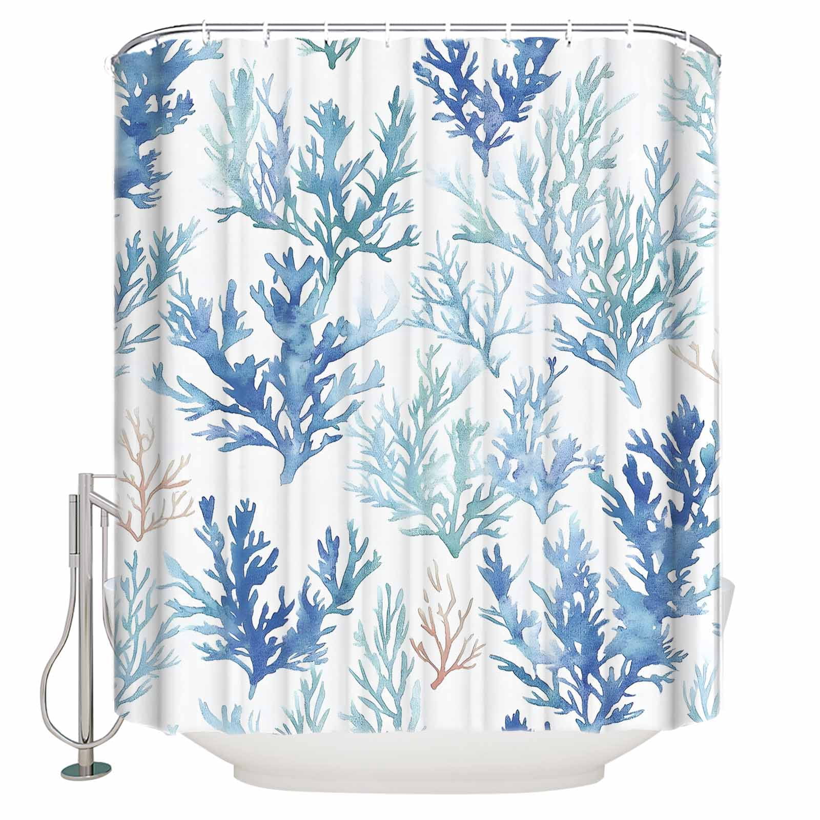 Blue Coral Coastal Bathroom Shower Curtains with 12 Hooks Polyester ...