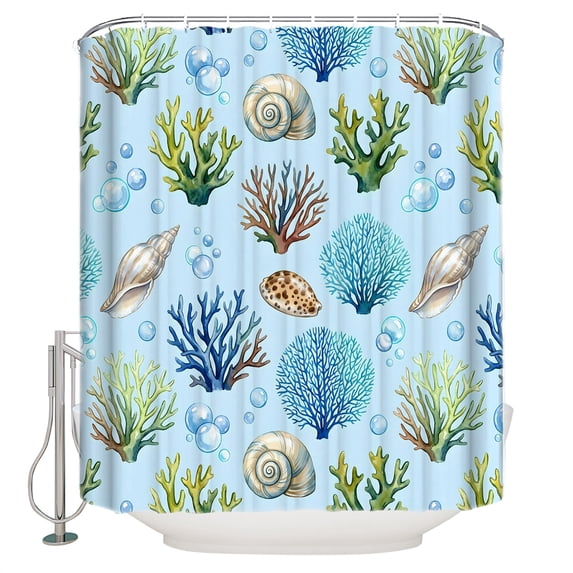 Blue Coral Coastal Bathroom Shower Curtains with 12 Hooks Waterproof ...