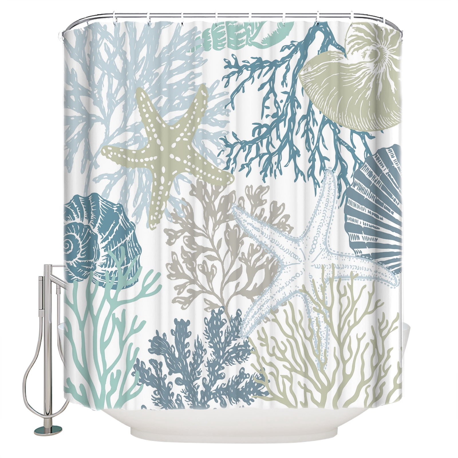 Blue Coral Coastal Bathroom Shower Curtains with 12 Hooks Waterproof ...