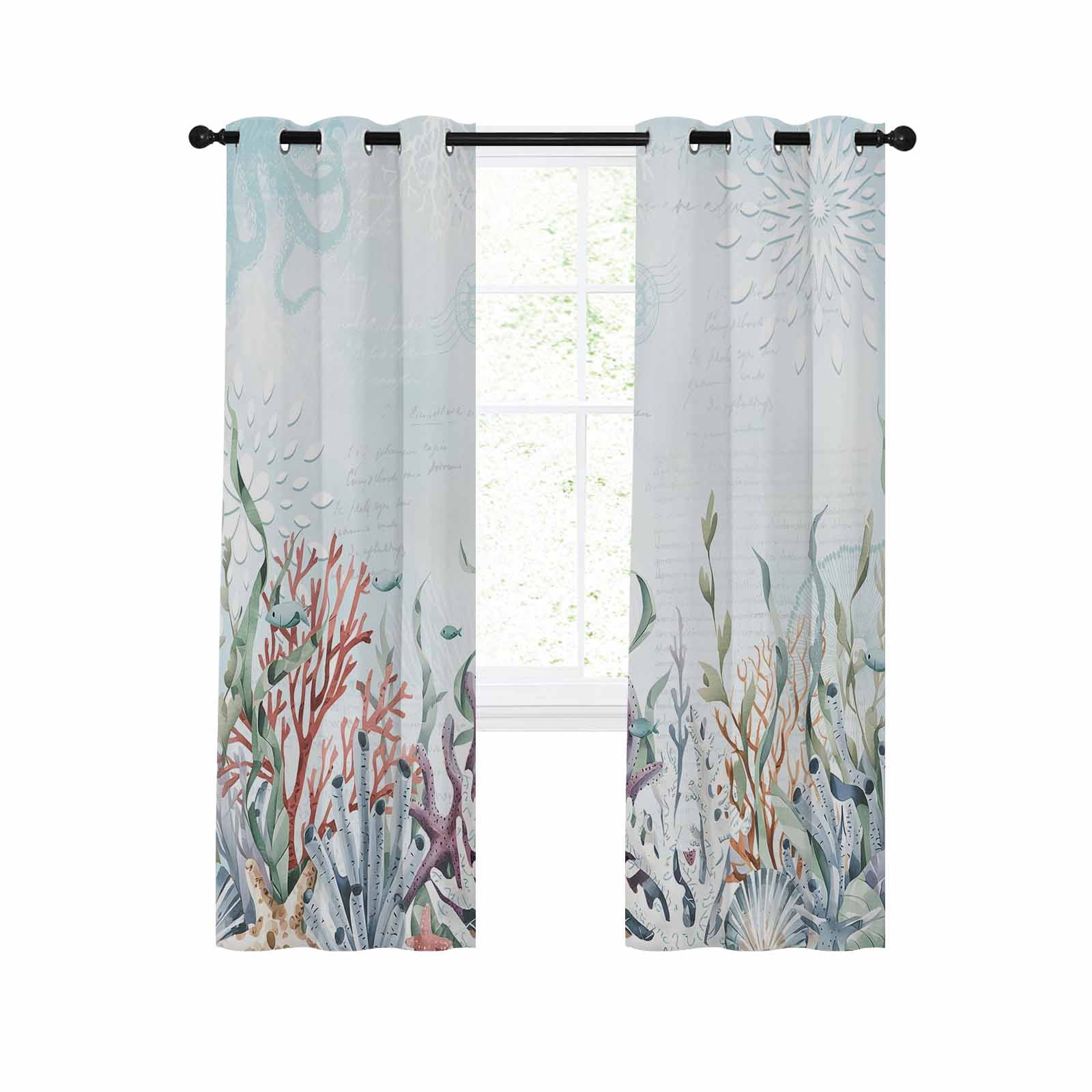 Blue Coral Coastal Blackout Curtains 54 Inches Long for Bedroom, Ocean ...