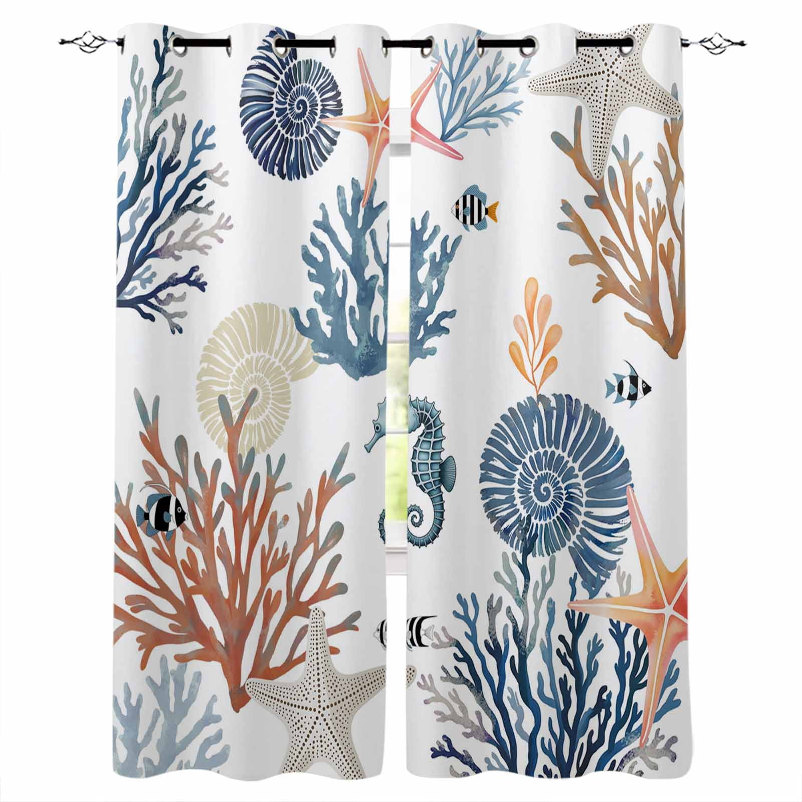 Blue Coral Coastal Blackout Curtains for Bedroom, Summer Beach Starfish ...