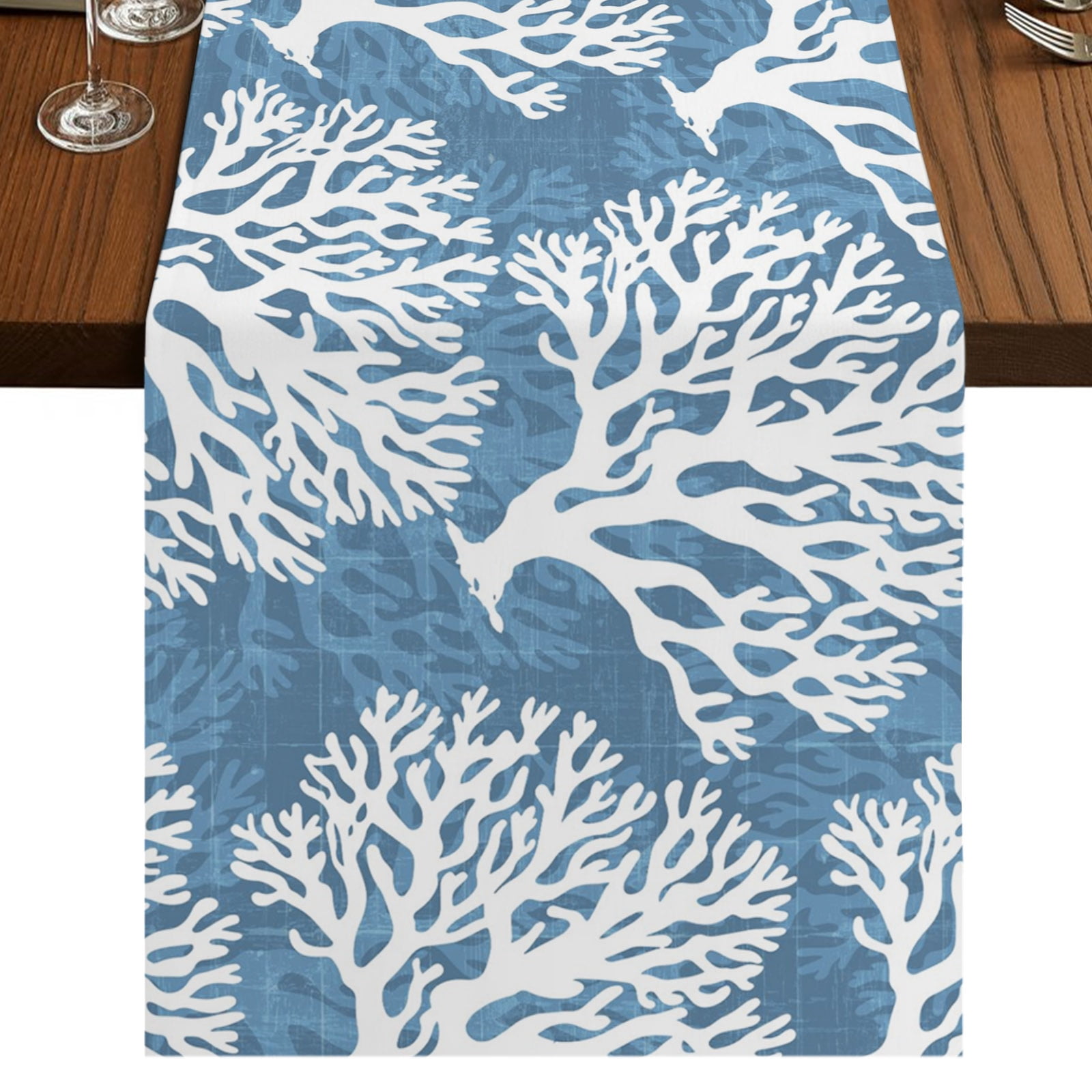 Blue Coral Coastal Burlap Cotton Table Runner 13x70 Inches Long, White ...