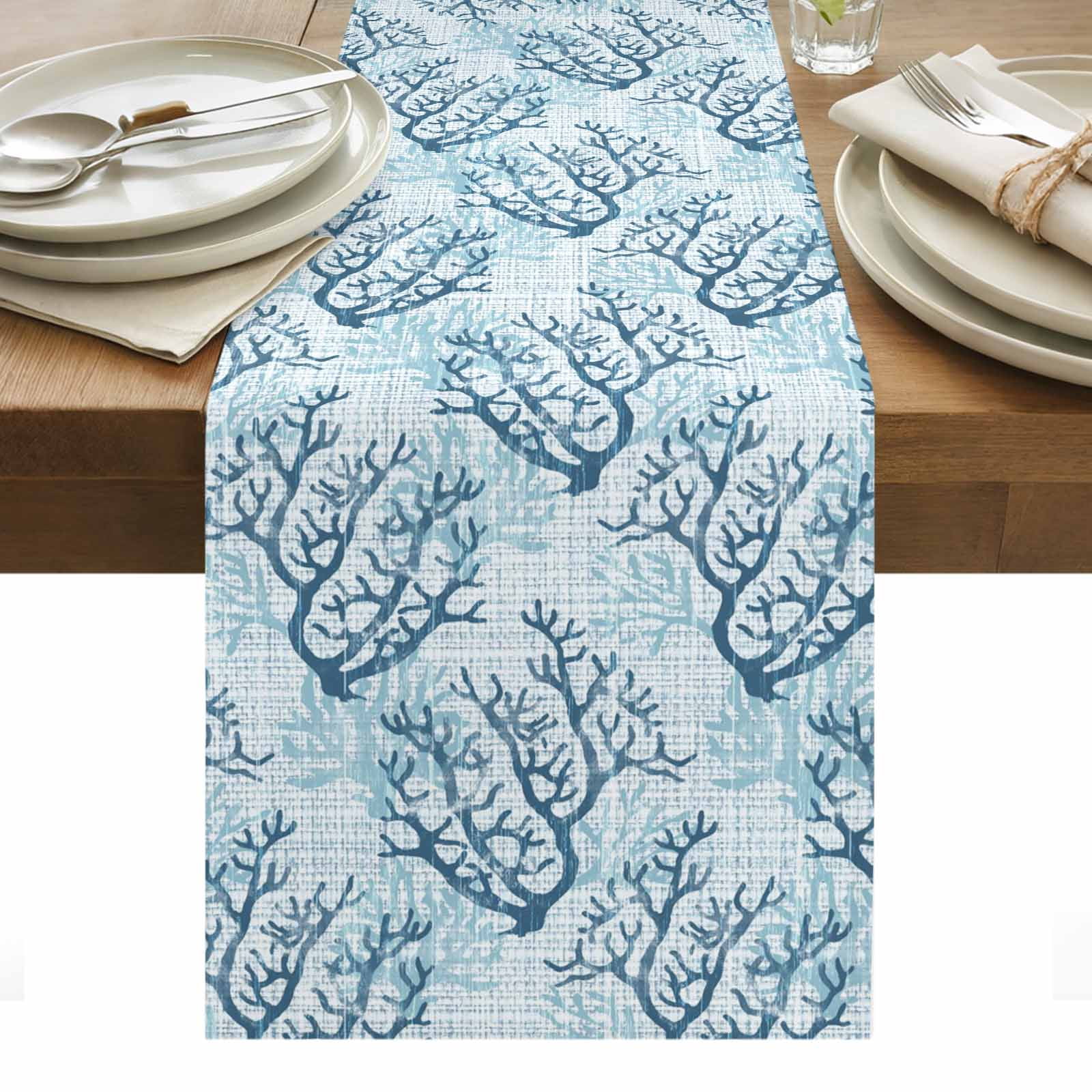 Blue Coral Coastal Cotton Linen Table Runner Summer Beach Nautical ...